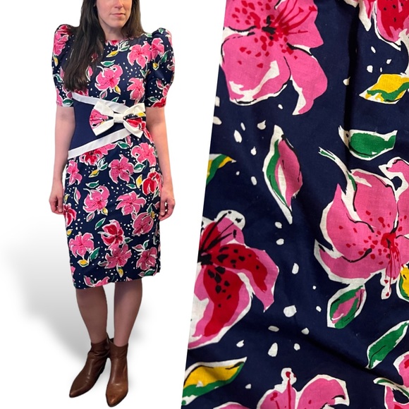 David Mitchell | Dresses | 8s Vintage Navy Blue Pink Floral Puff Sleeve ...